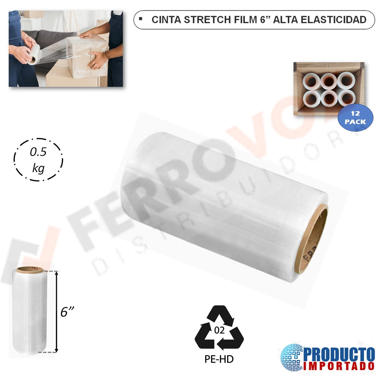 CINTA STRETCH FILM 6" X 20 UM 0.5 KG X ( 12 PCS) ALTA ELASTICIDAD ...